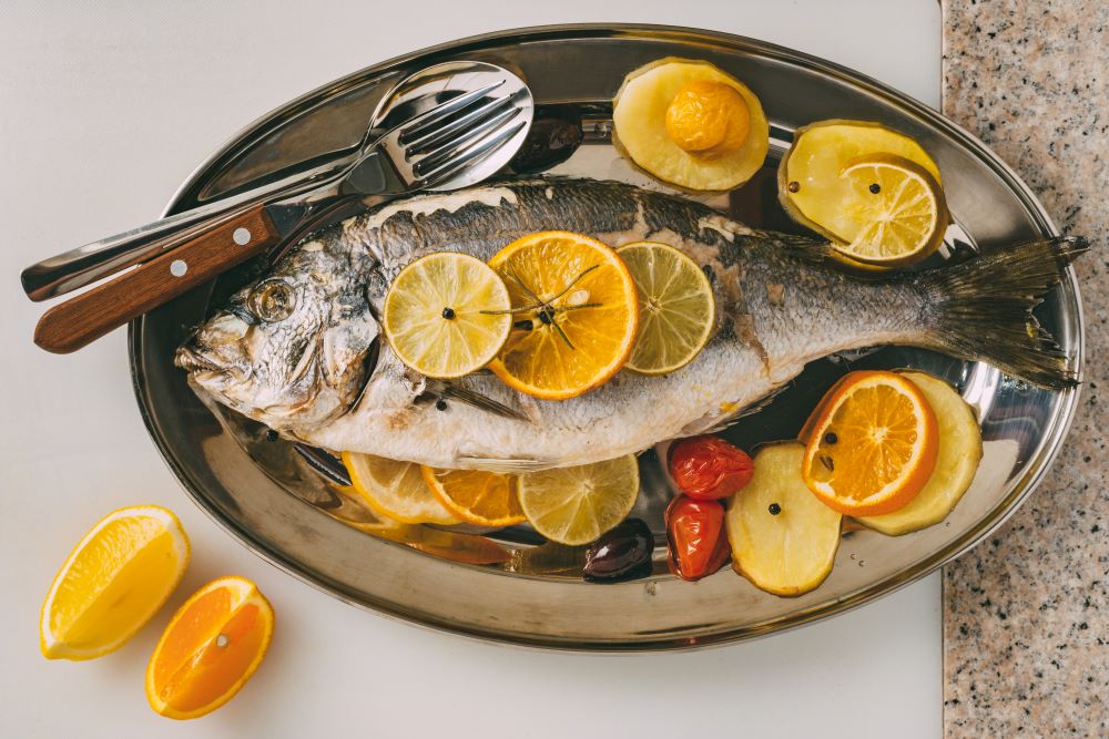 Baked Sea Bream with Tomatoes and Olives - Frozen Fish Direct